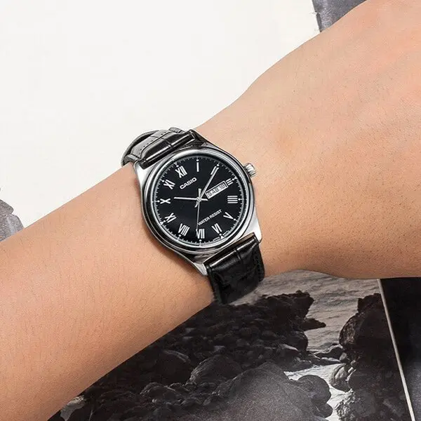 Casio Analog Watch With Leather Band And Water Resistance