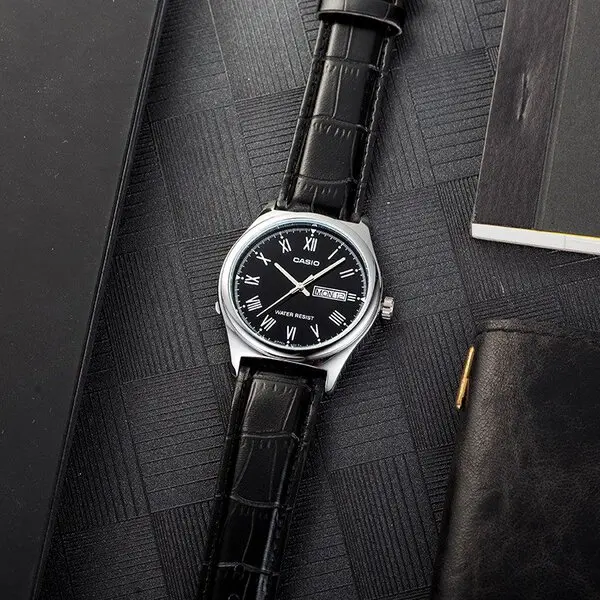 Casio Quartz Analog Watch With Leather Strap - Black