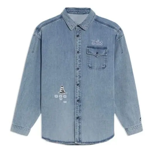 LI-NING Skateboard Series Logo Embroidered Loose Washed Denim Shirt - Light Blue