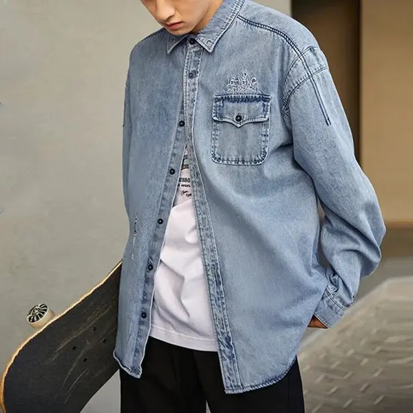 LI-NING Skateboard Series Logo Embroidered Loose Washed Denim Shirt
