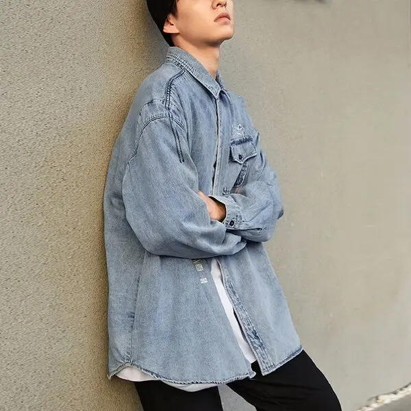 LI-NING Skateboard Series Logo Embroidered Loose Washed Denim Shirt