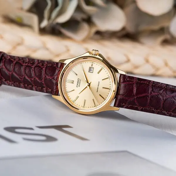Casio Quartz Analog Watch With Tone Case And Leather Strap - Gold