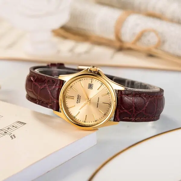 Casio Quartz Analog Watch With Tone Case And Leather Strap - Gold
