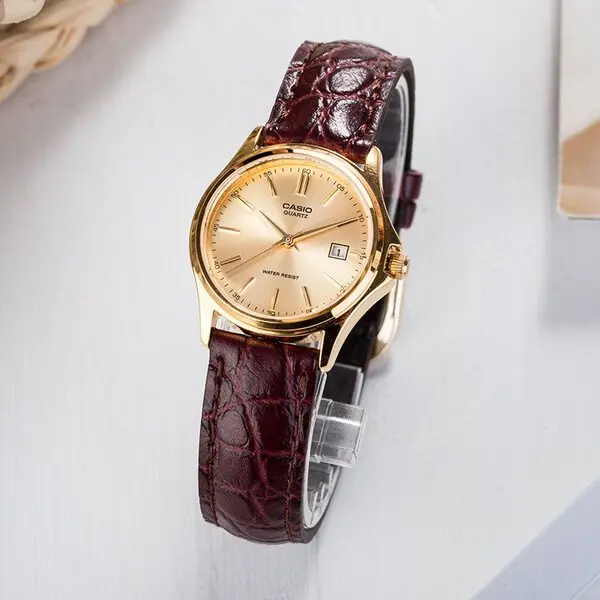 Casio Quartz Analog Watch With Tone Case And Leather Strap - Gold
