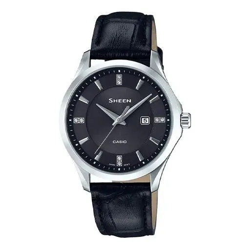 Casio Sheen Solar Powered Analog Watch With Sapphire Crystal And Leather Strap - Black
