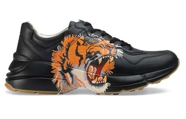 Gucci Rhyton Leather Tiger Print Sneakers - Black/orange