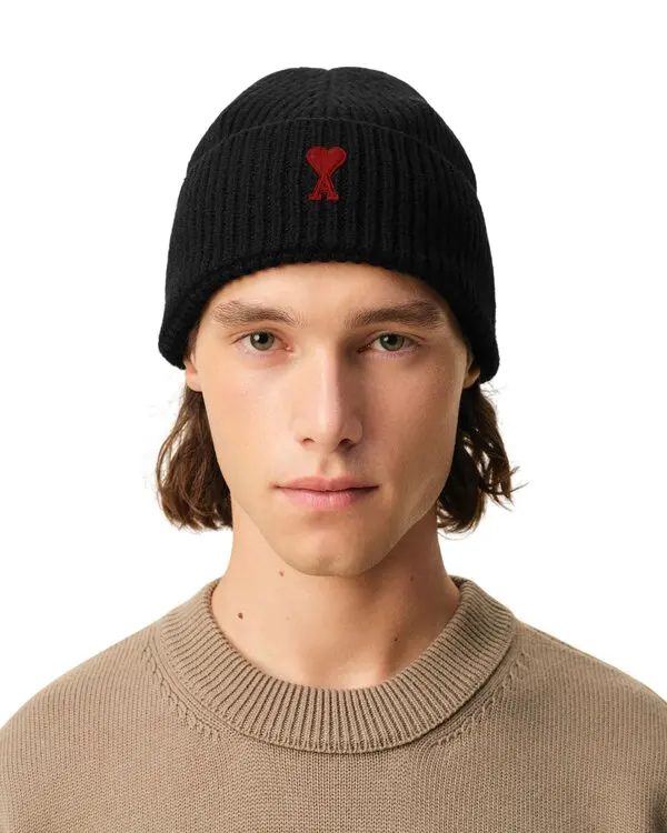 AMI Paris Contrasted De Coeur Wool Beanie - Black