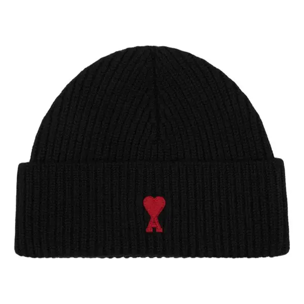 AMI Paris Contrasted De Coeur Wool Beanie - Black