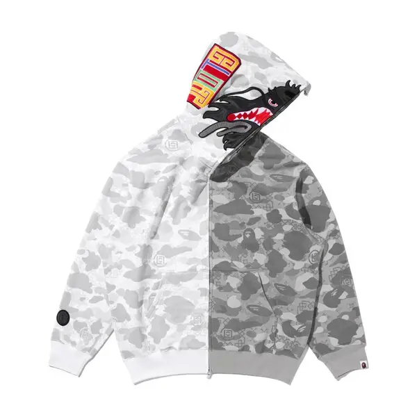 A BATHING APE X Clot Camo Split Shark Relaxed Fit Full Zip Hoodie - White