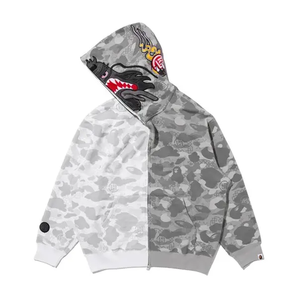 A BATHING APE X Clot Camo Split Shark Relaxed Fit Full Zip Hoodie - White