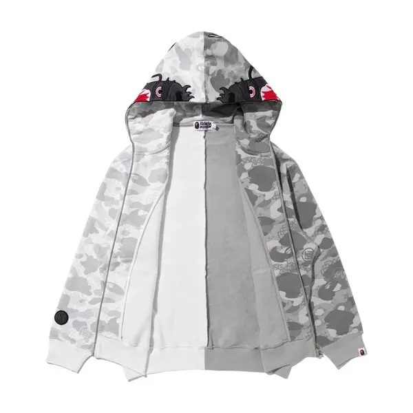A BATHING APE X Clot Camo Split Shark Relaxed Fit Full Zip Hoodie - White
