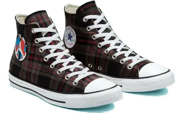 CONVERSE Chuck Taylor All Star High Top Sneakers With Plaid Pattern And World Peace Graphic - Black