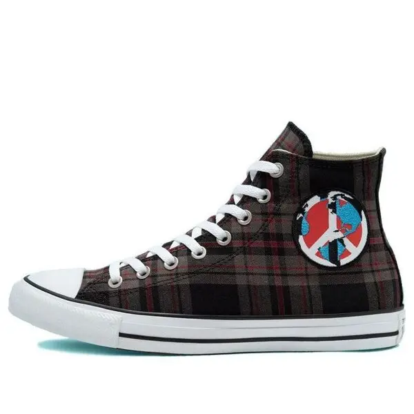 CONVERSE Chuck Taylor All Star High Top Sneakers With Plaid Pattern And World Peace Graphic - Black