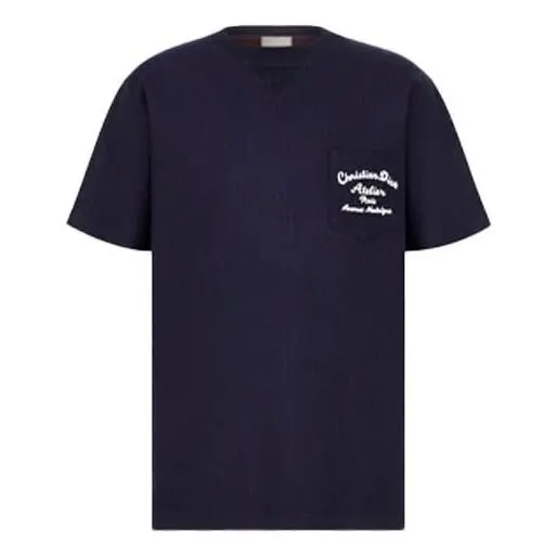 Dior Ss22 Embroidered Plain Weave Knit Short Sleeve Navy T-shirt - Blue