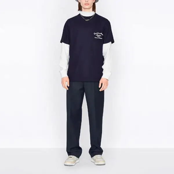 Dior Ss22 Embroidered Plain Weave Knit Short Sleeve Navy T-shirt - Blue