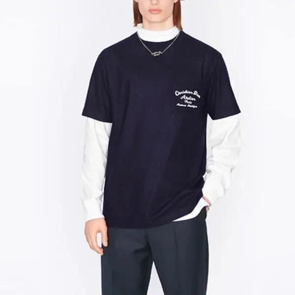 Dior Ss22 Embroidered Plain Weave Knit Short Sleeve Navy T-shirt - Blue