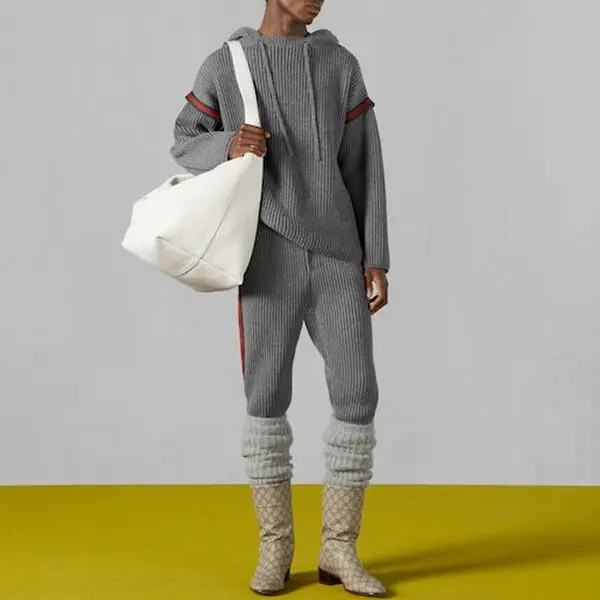 Gucci Wool Cashmere Hooded Sweater With Striped Detail - Grey