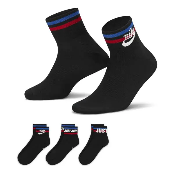 Nike Everyday Ankle Alphabet Logo Pattern Casual Sports Socks 3 Pairs - Black