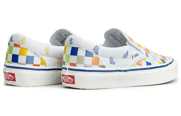 VANS Slip-on Low Top Sneakers With Woven Checkered Pattern - White/yellow/blue