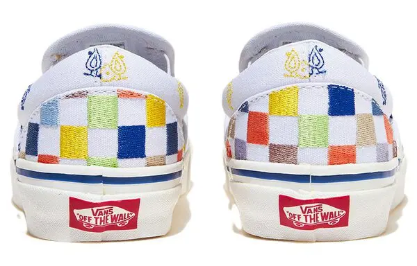 VANS Slip-on Low Top Sneakers With Woven Checkered Pattern - White/yellow/blue