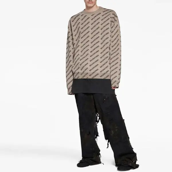 Balenciaga Allover Logo Fine Knit Sweater - Beige