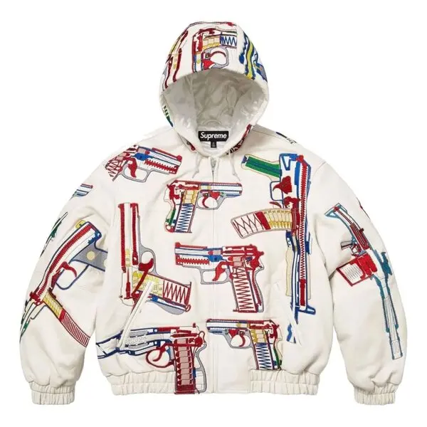 Supreme Hooded Leather Jacket With Gun Embroidery - White