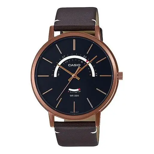 Casio Analog Quartz Watch With Black Dial And Leather Strap - Brown