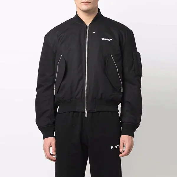 Off-White Black Printed Zipper Long Sleeve Bomber Jacket - Black/white