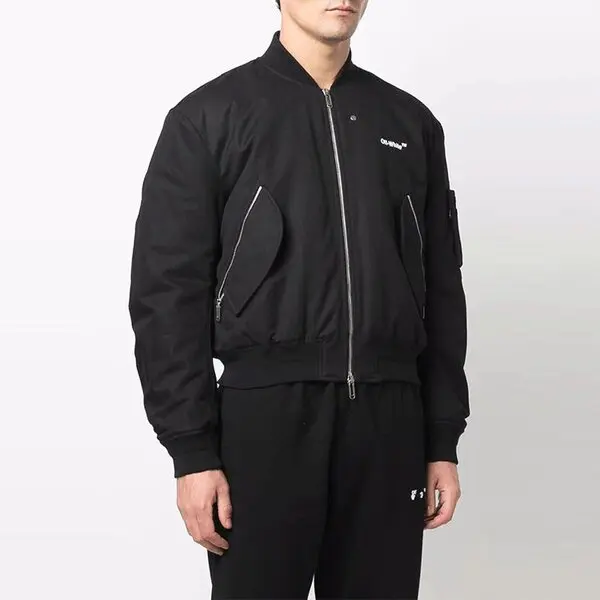 Off-White Black Printed Zipper Long Sleeve Bomber Jacket - Black/white