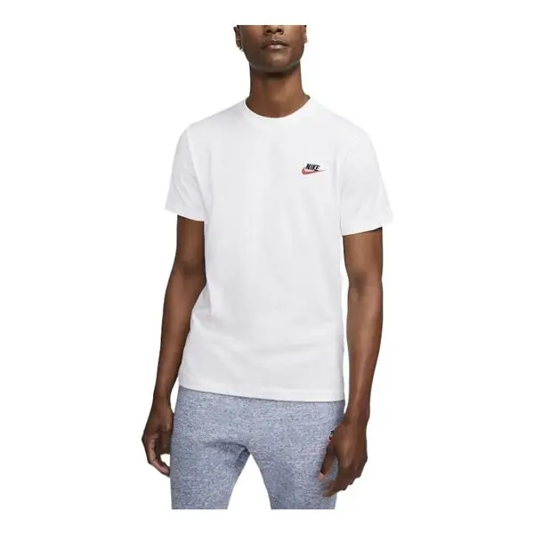Nike Club Embroidered Logo Solid Color Round Neck Short Sleeve White - Multi-color