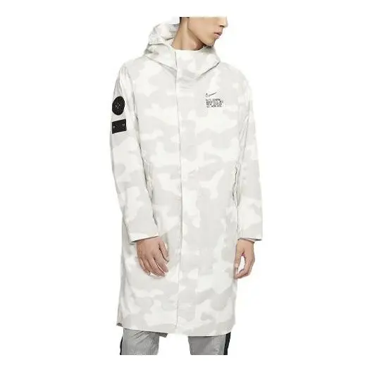 Nike Sports Windproof Camouflage Printing Mid-length Hooded Windbreaker Jacket - White