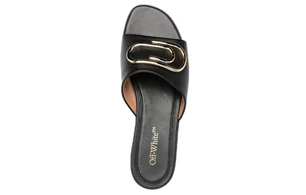 Off-White Leather Paperclip Detail Flat Sandals - Black/gold