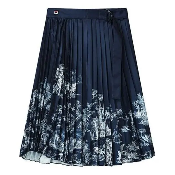 FILA Pleated Printed Midi Skirt - Navy/white