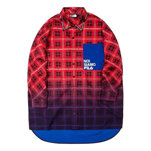 FILA FUSION Gradient Plaid Long Sleeve Shirt - Red