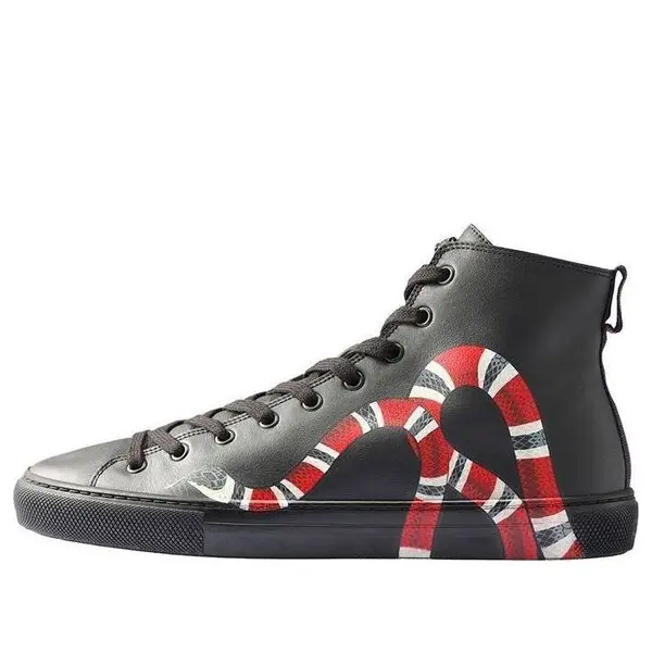 Gucci Leather High Top Sneakers With Snake Motif - Black