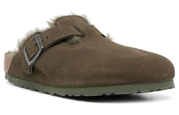 BIRKENSTOCK Shearling Suede Leather Clogs - Olive Greenth