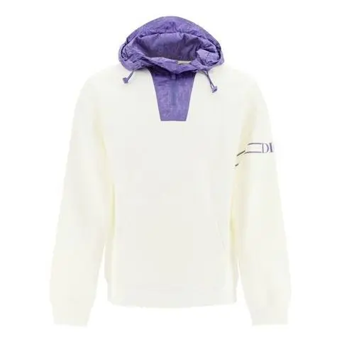 Dior Splicing Logo Printing Drawstring Hoodie - White
