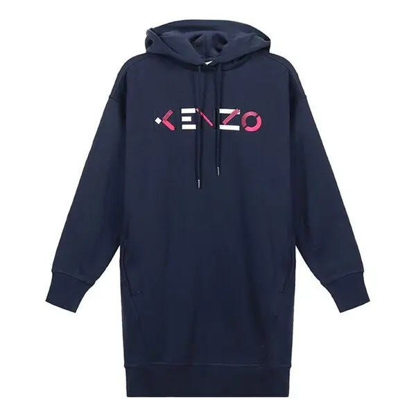 Kenzo Logo Embroidered Fleece Lined Hooded Long Sleeve Dress - Blue