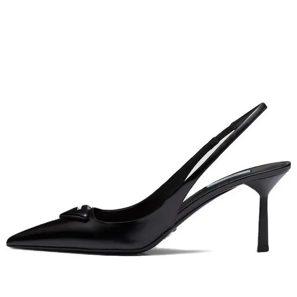 Prada Patched Logo Brushed Leather Slingback Heels - Black