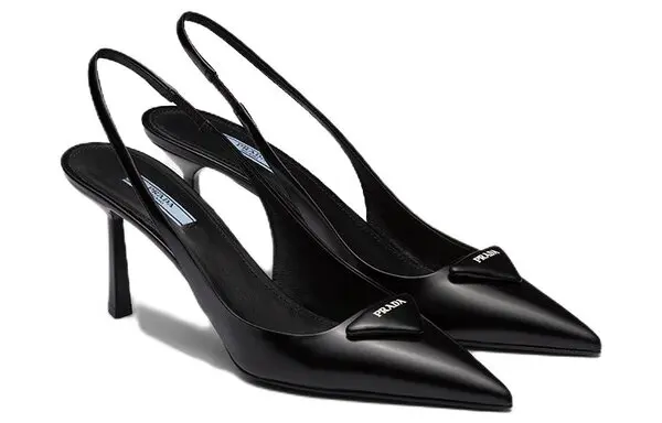 Prada Patched Logo Brushed Leather Slingback Heels - Black