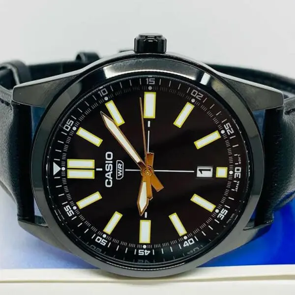 Casio Dress Pointer Display Analog Watch With Leather Strap - Black