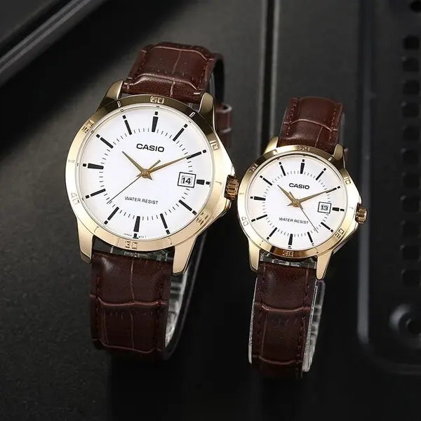 Casio Couple Quartz Analog Watches With Leather Straps - White