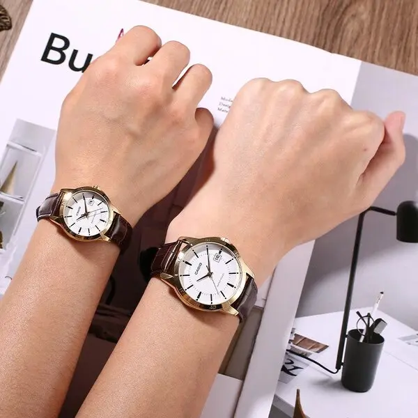Casio Couple Quartz Analog Watches With Leather Straps - White