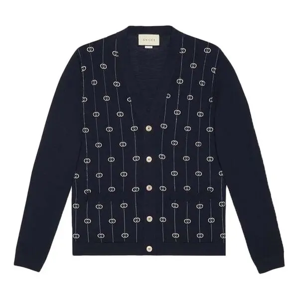 Gucci Wool Interlocking G Stripe Cardigan - Dark Blue