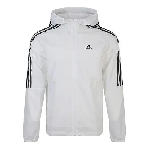 Adidas Sporty Zip-up Hooded Jacket With Striped Details - White