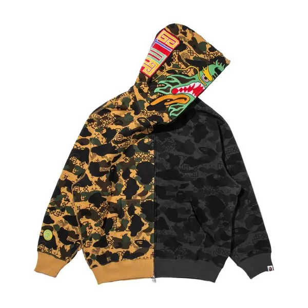 A BATHING APE X Clot Camo Split Shark Relaxed Fit Full Zip Hoodie - Black