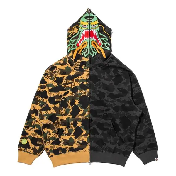 A BATHING APE X Clot Camo Split Shark Relaxed Fit Full Zip Hoodie - Black