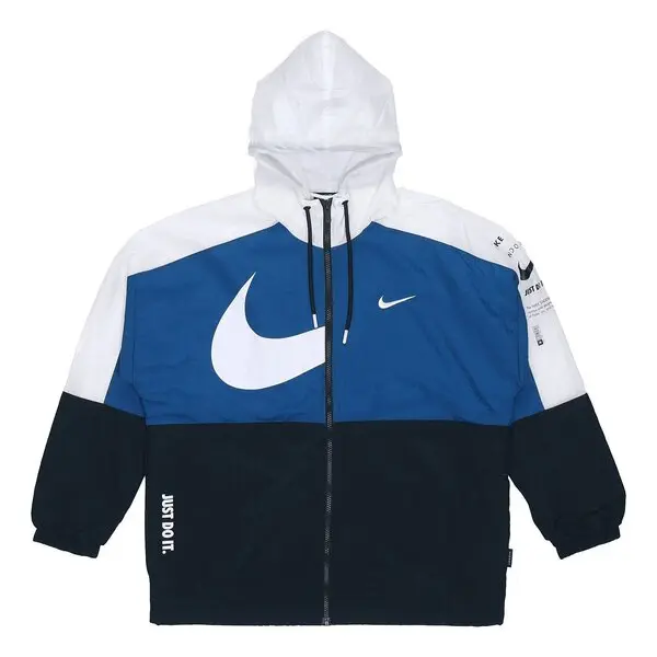 Nike Swoosh Contrast Stitching Hooded Woven Jacket - Blue