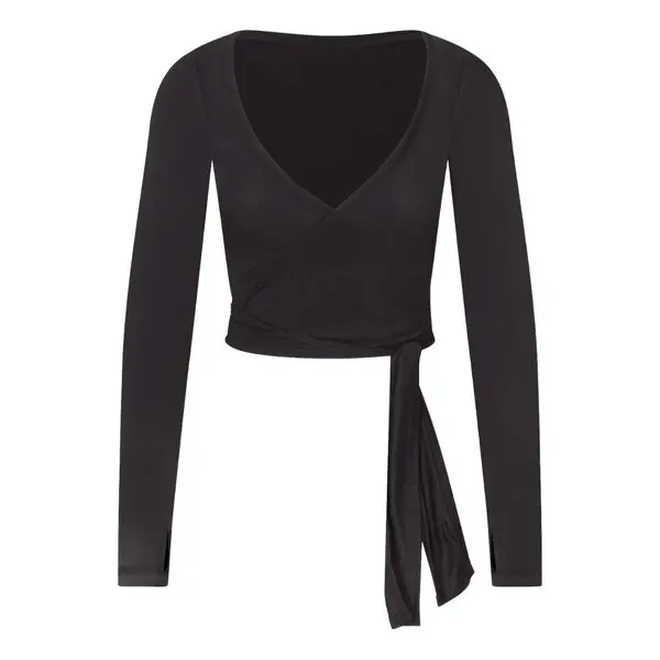 Nike X Skims Stretch Knit Wrap Long Sleeve Cropped Top - Obsidian