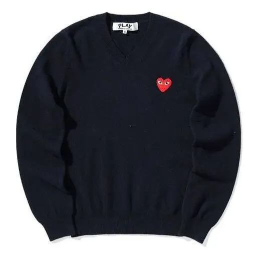 Play Comme Des Garcon V-neck Long Sleeve T-shirt With Red Emblem - Navy